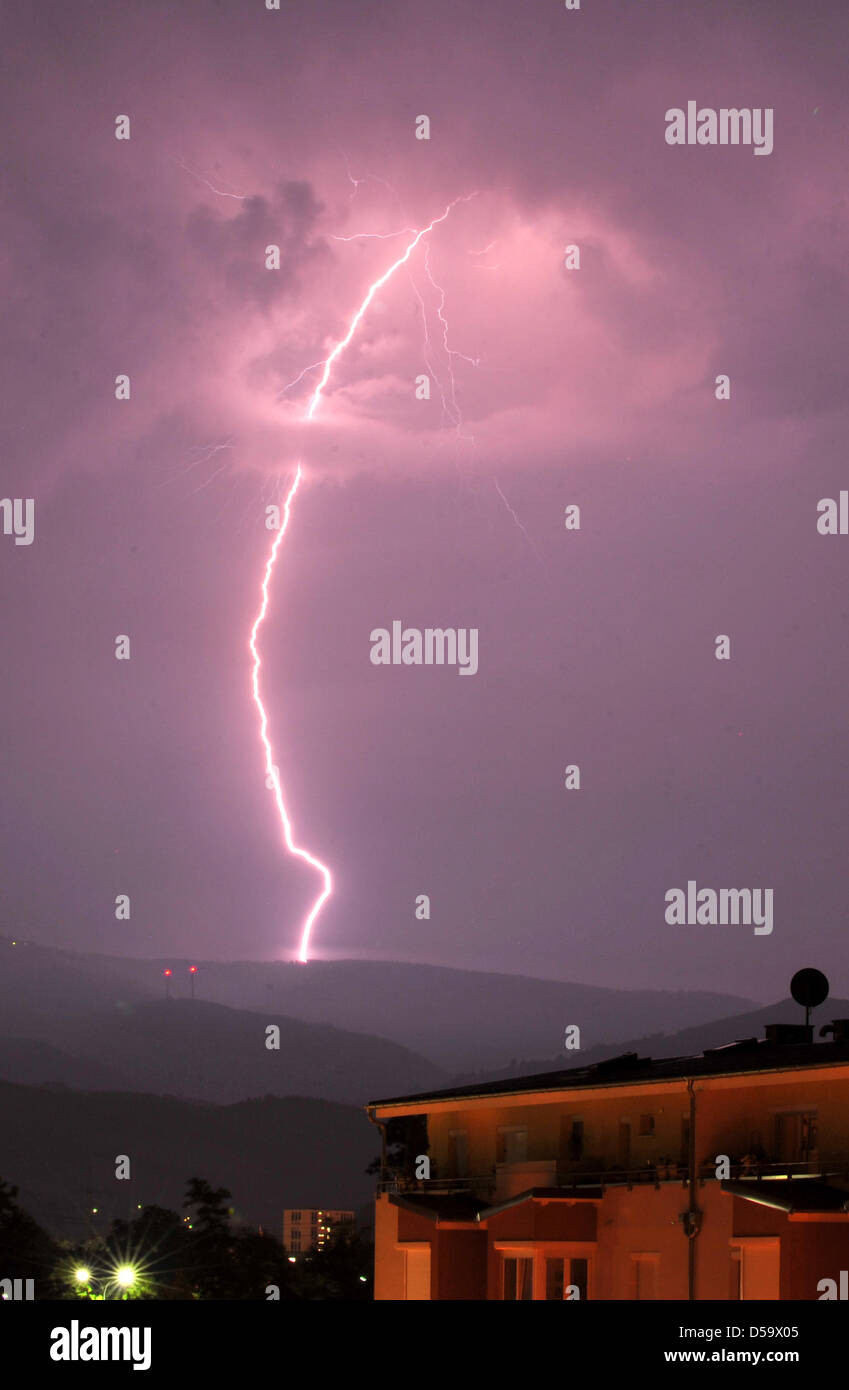 A flash of lightning strikes at the Schauinsland near Freiburg, Germany ...