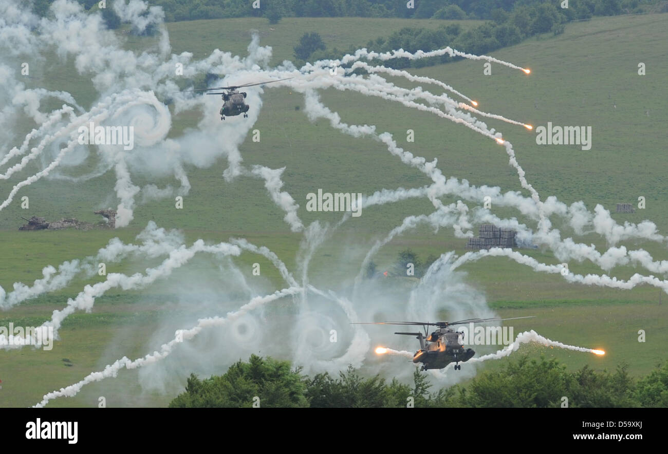 A CH-53 helipcopter fiores so-called Flares during Air Force maneuovre ...