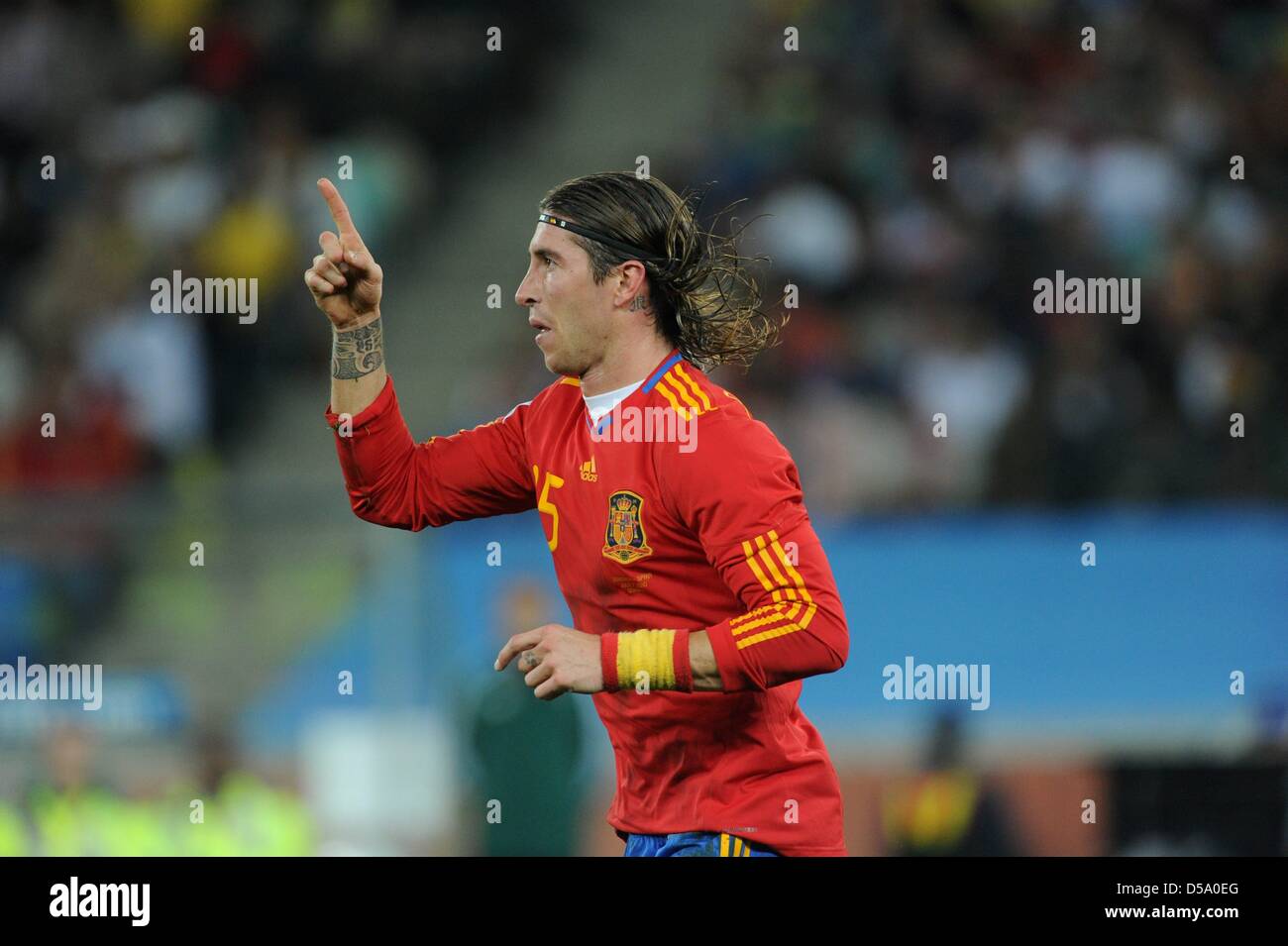 Spain's Sergio Ramos gestures during the 2010 FIFA World Cup semi-final ...