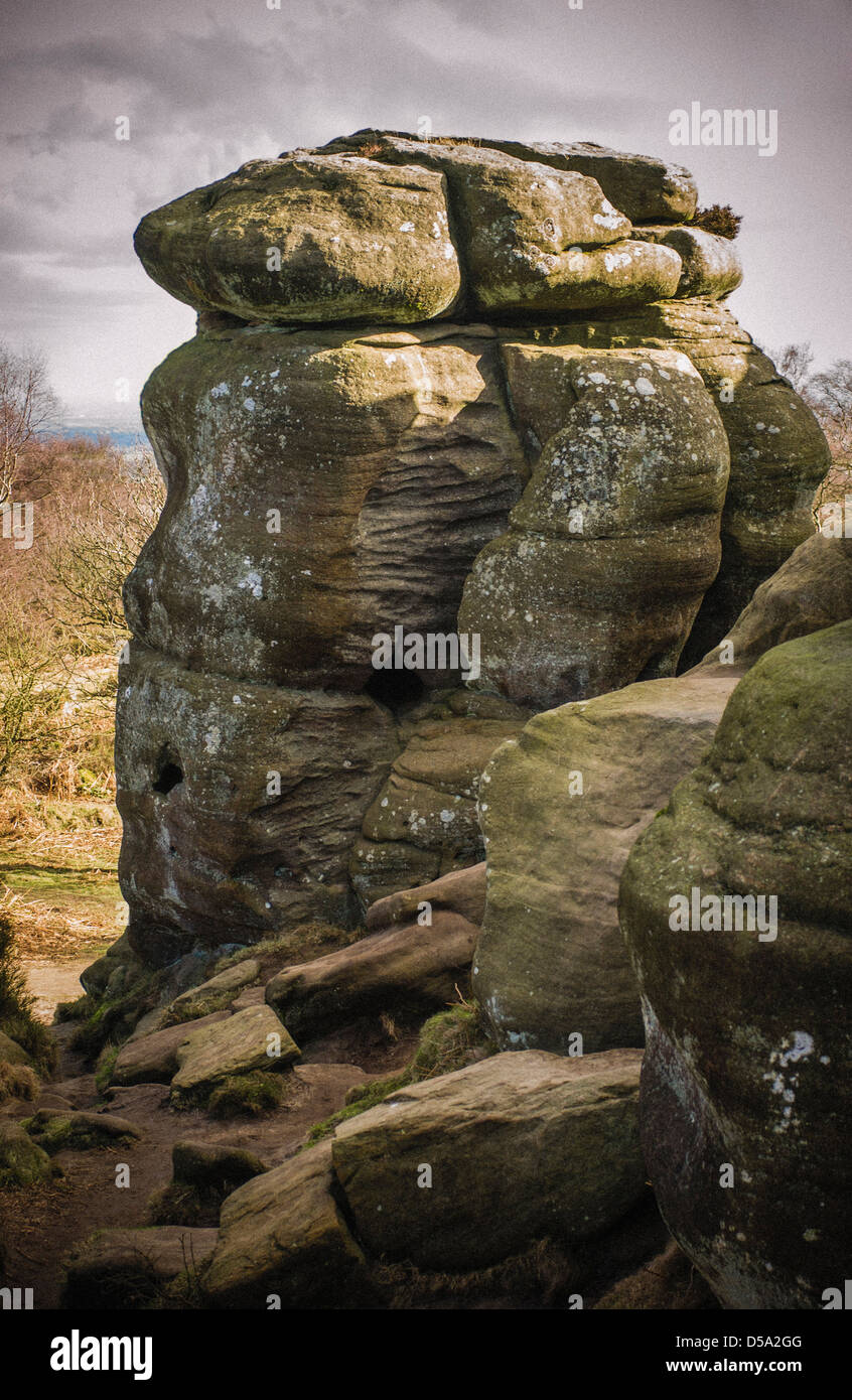 A rock stack eroded by time and the weather at Brimham Rocks, North ...