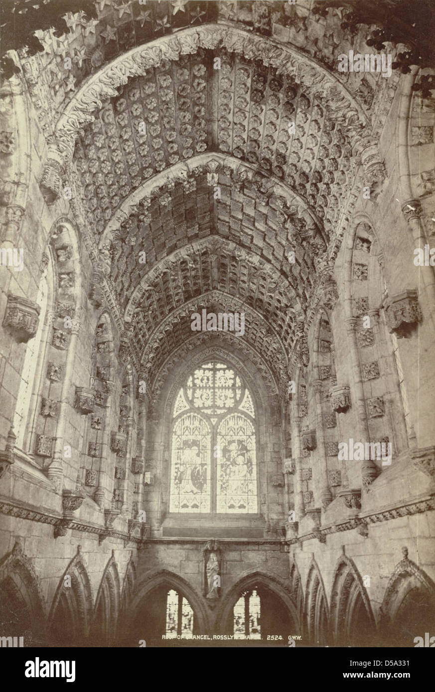 A photograph of the ceiling of the chancel at Rosslyn Chapel, showing ...