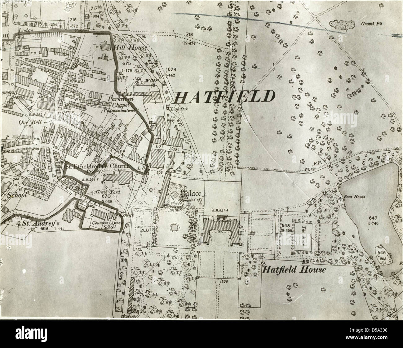 A detailed architectural plan of the grounds of Hatfield House, located ...
