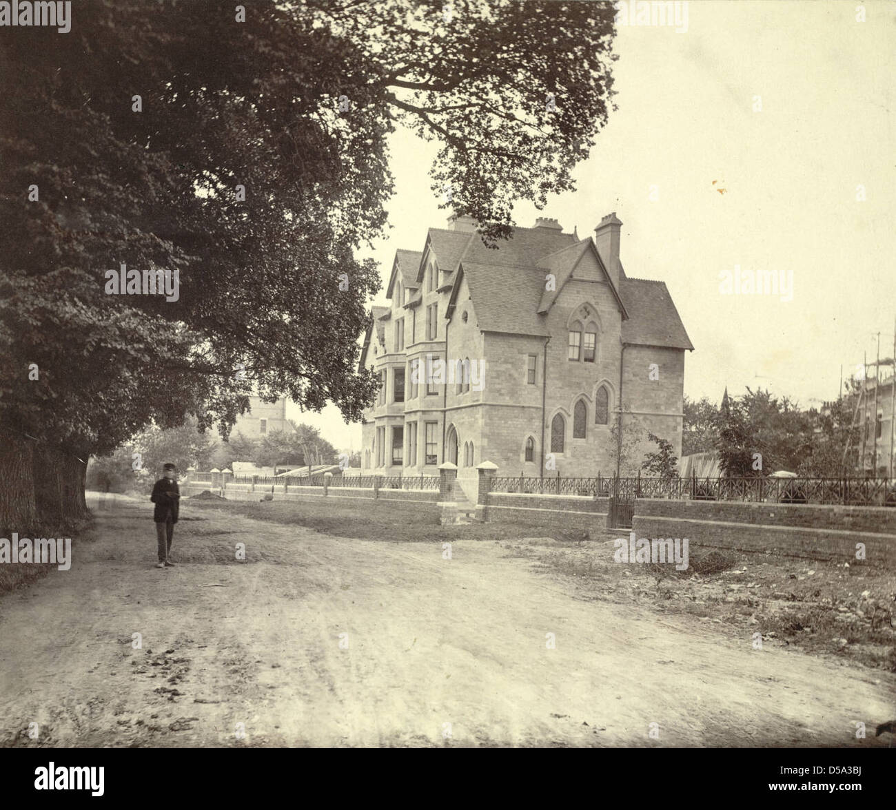 An illustration of a 19th-century house featuring bay windows, pointed ...