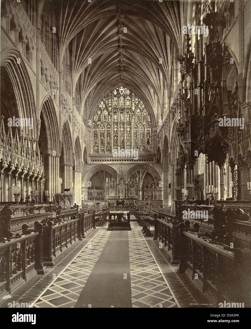 The choir section of Exeter Cathedral, England, viewed from the west ...