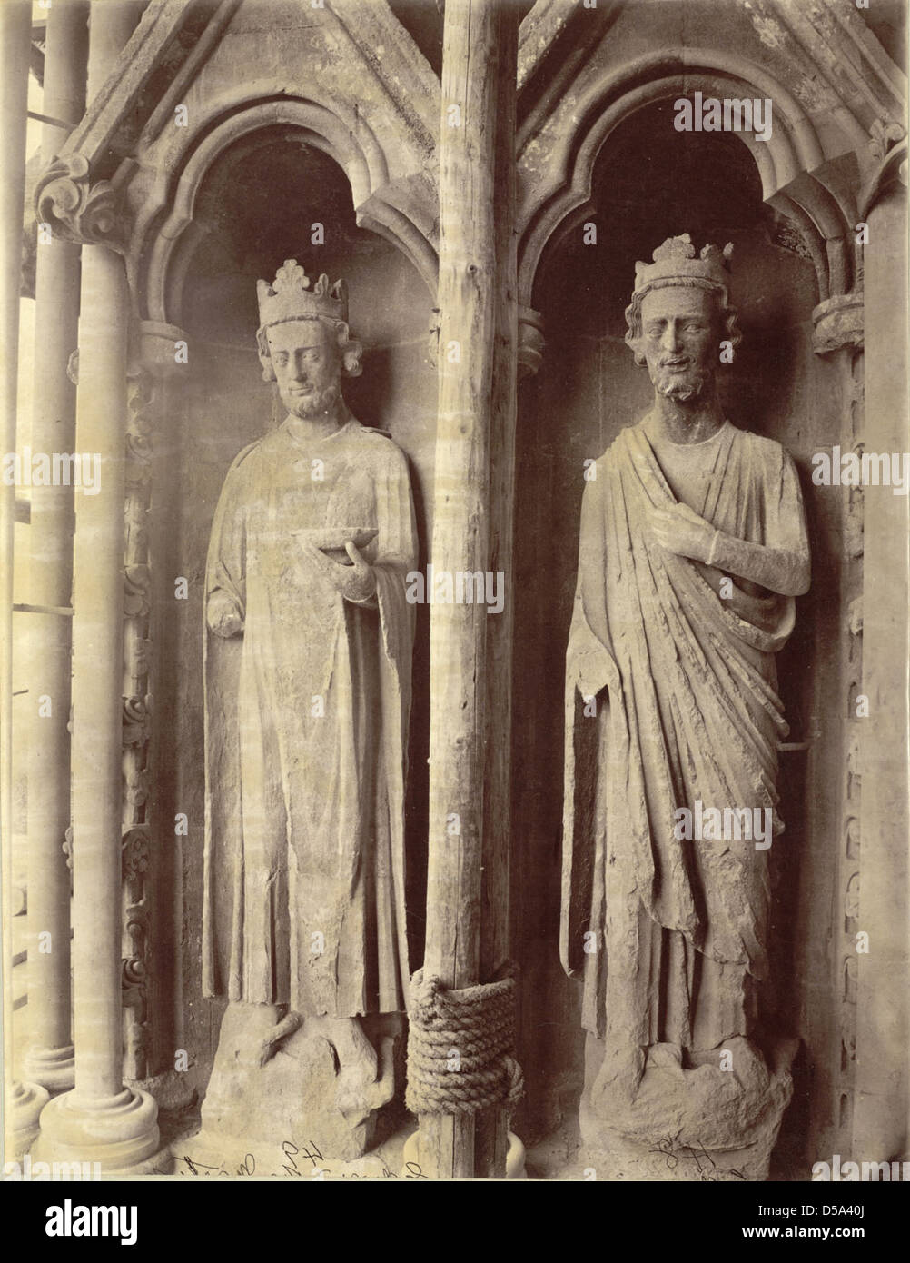 A photograph of niche sculptures on the west facade of Wells Cathedral ...