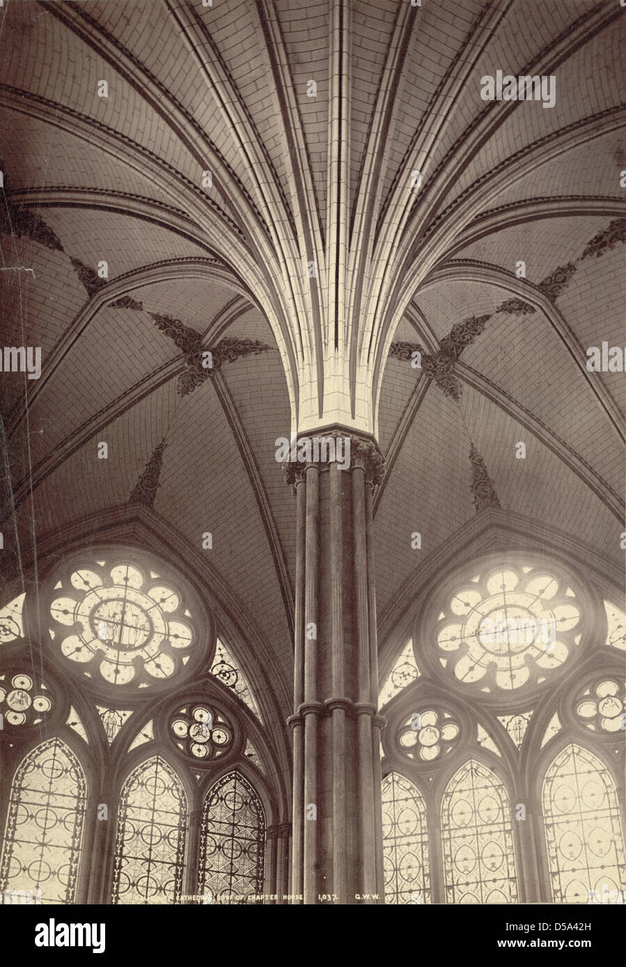 The roof of the Chapter House in Salisbury Cathedral features lancet ...