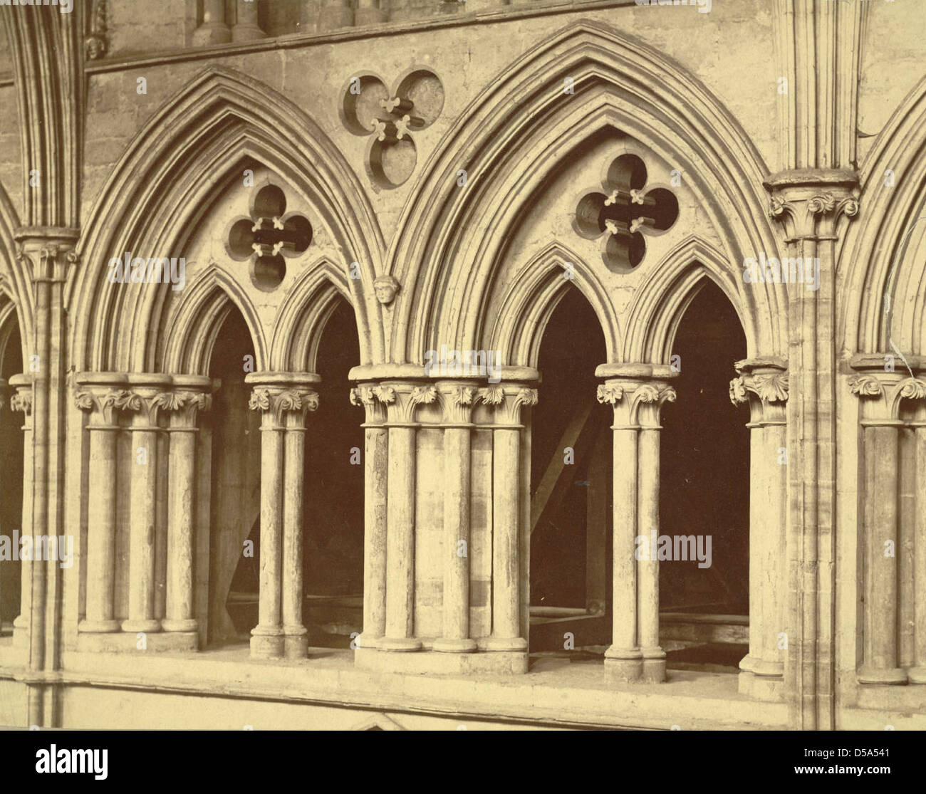 This close-up of the triforium in Lincoln Cathedral, England, focuses ...
