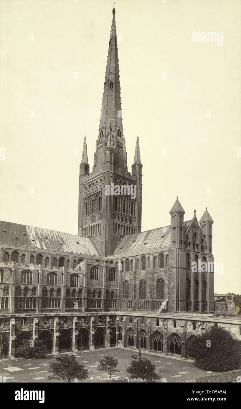 An image of the spire and cloisters of Norwich Cathedral, England ...