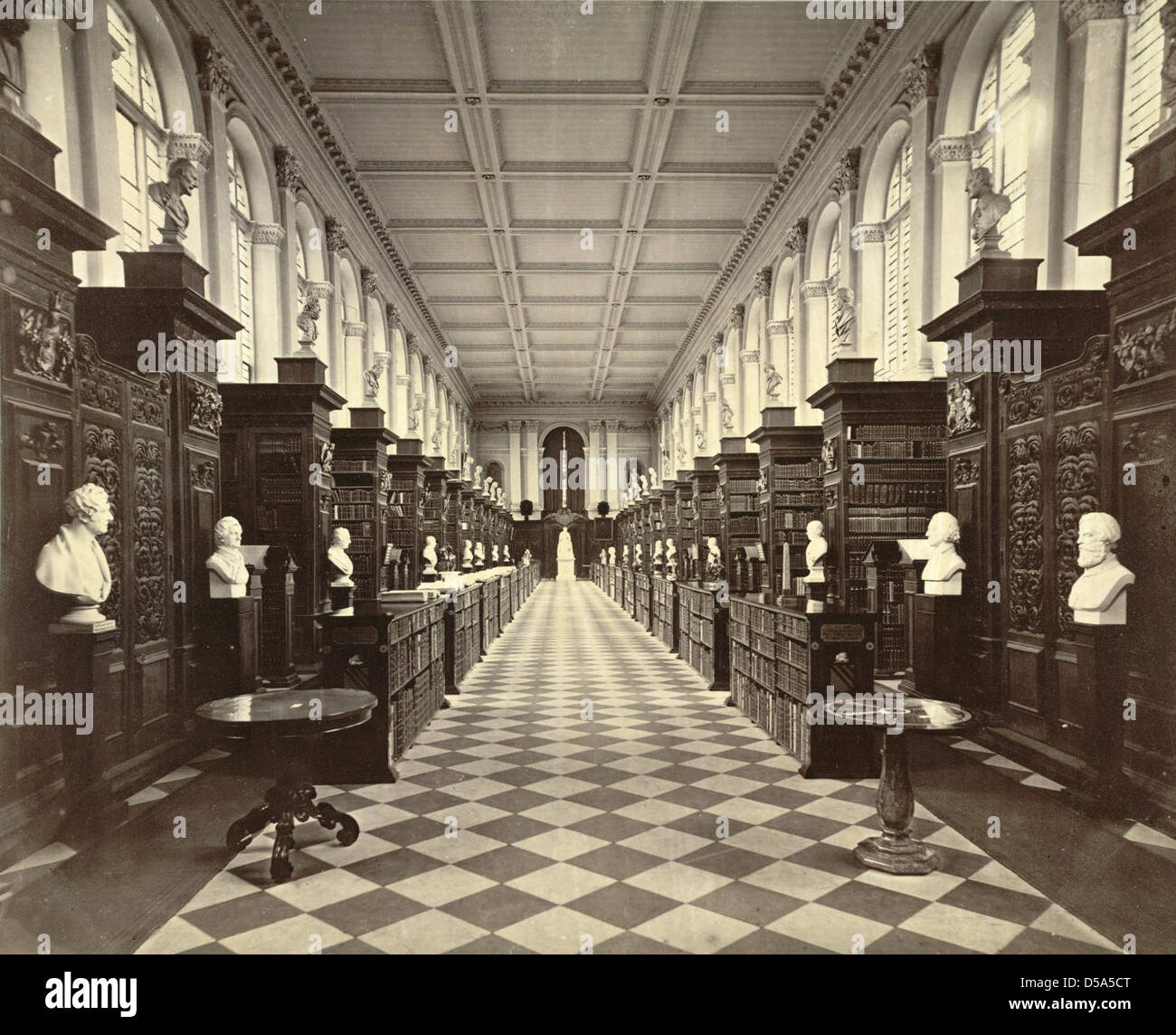 A photograph of the bookcases in the Wren Library at Trinity College ...