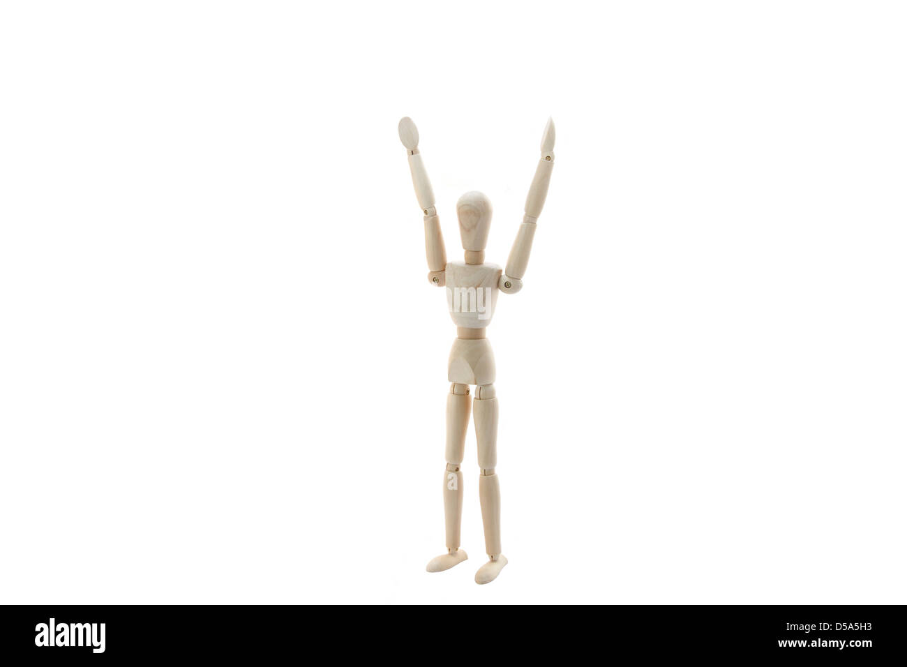 A Wooden Manikin Doll With Both Hands Up Stock Photo - Alamy
