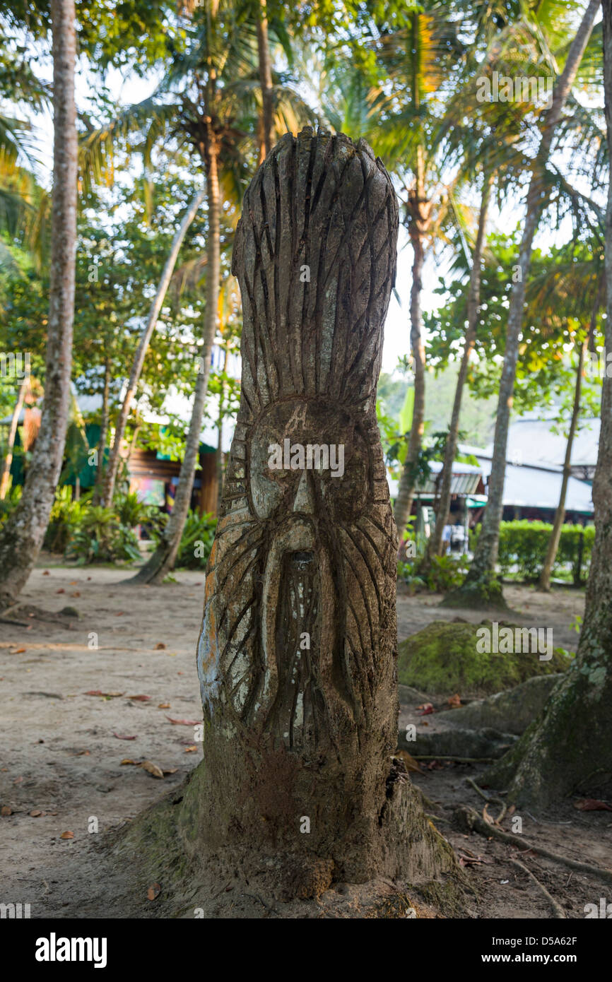 Face carved into tree truck, Puerto Viejo de Talamanca, Limon Province ...