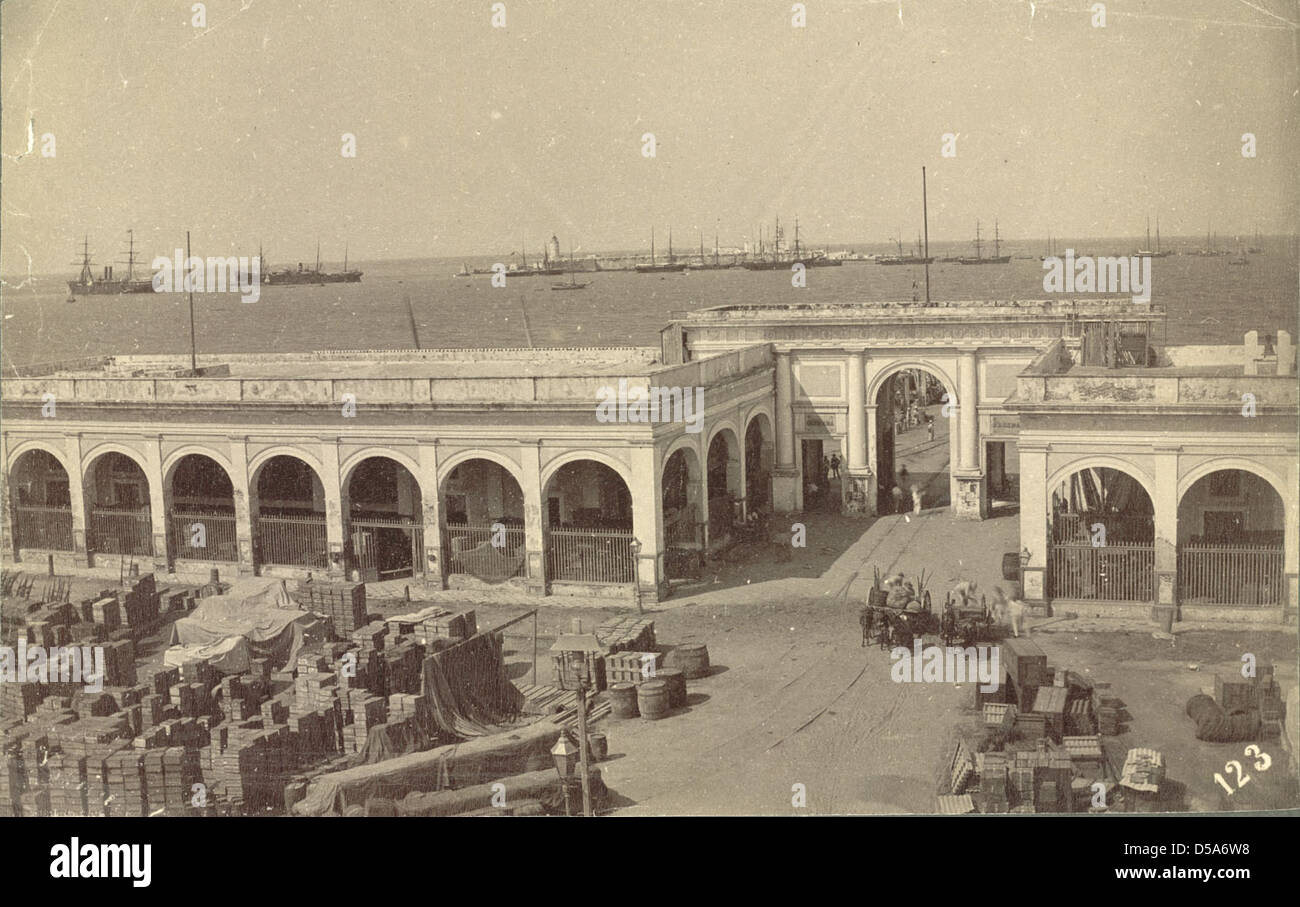 A view of Veracruz Harbor in Mexico, showing arched portals, barrels ...