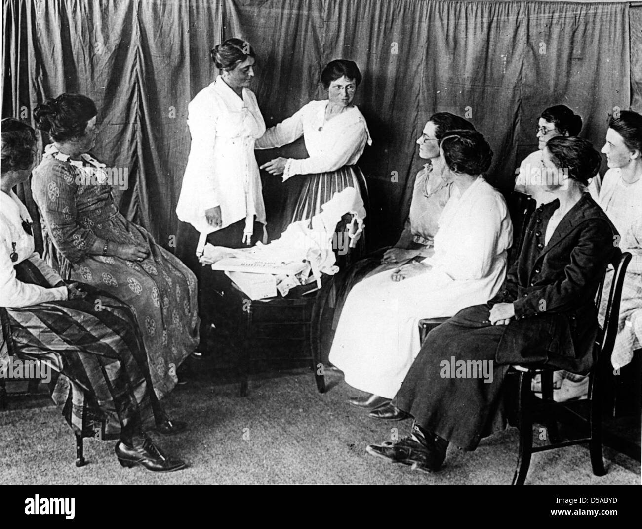 A demonstration of foundation garments, likely from 1915-1918, showing ...