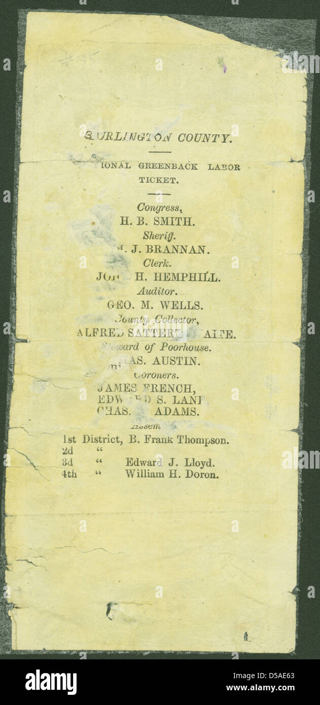 This historical image shows the Greenback Party Labor Ticket ballots ...