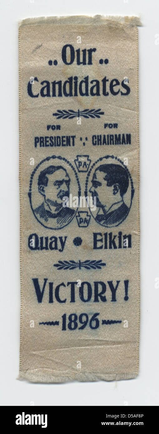 A campaign ribbon from the 1896 election, featuring the portraits of ...
