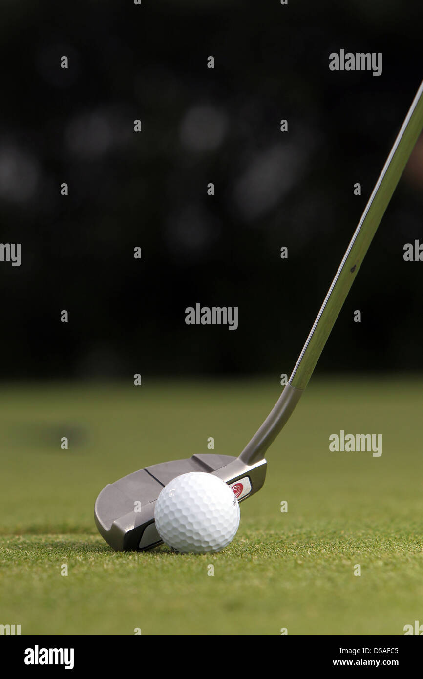 Sankt Peter-Ording, Germany, a golf ball lying on the grass of a golf ...