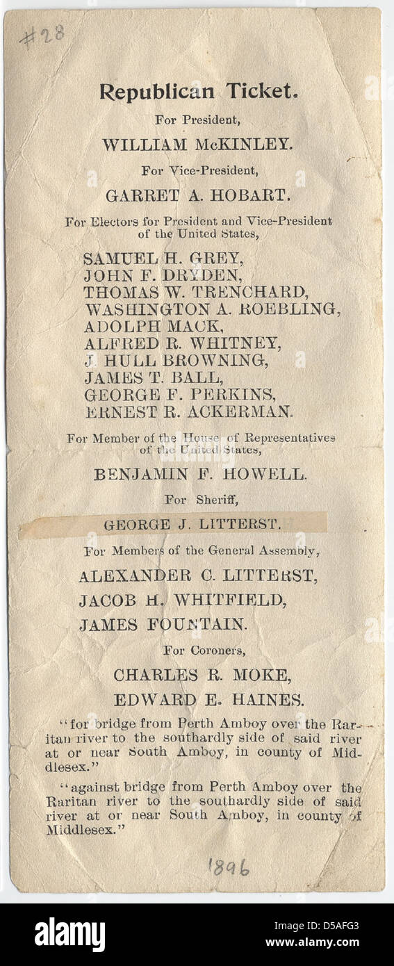 A campaign ticket from the 1896 U.S. presidential election, showing ...