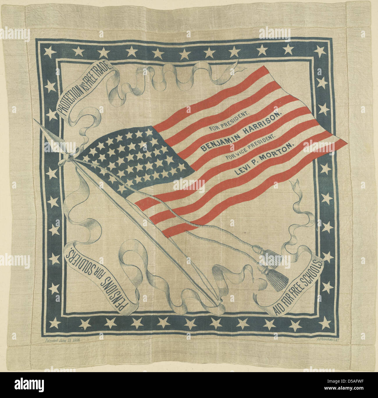 An American flag handkerchief featuring Benjamin Harrison and Levi ...