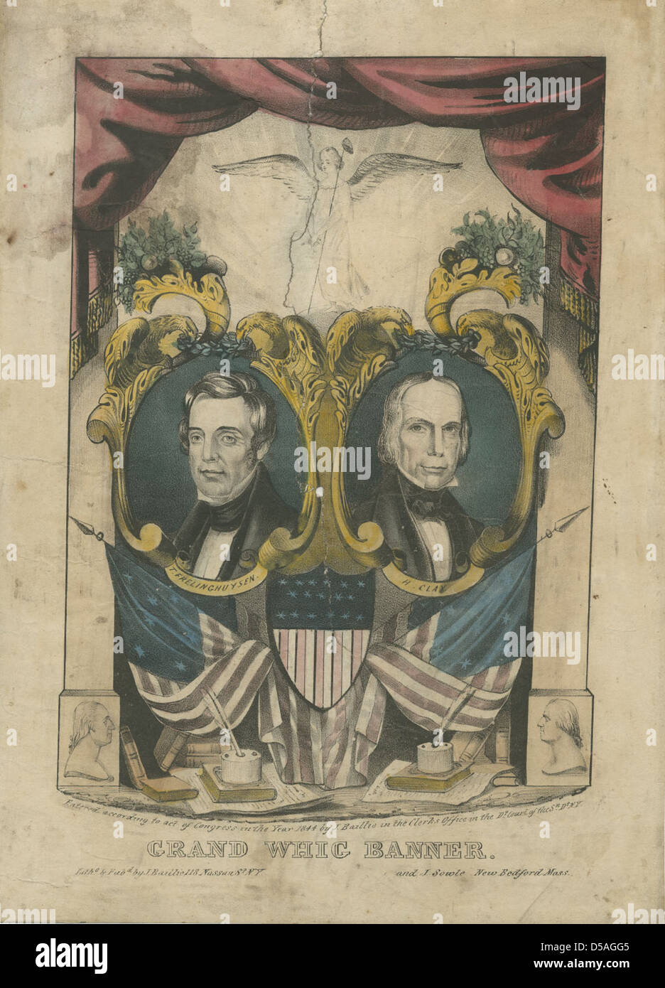 A promotional banner from the Whig Party depicting American flags and busts of key figures such ...