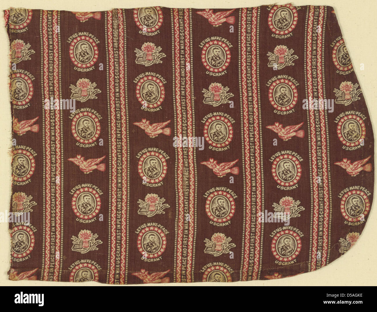 A textile featuring the phrase 'Let Us Have Peace' with an image of ...