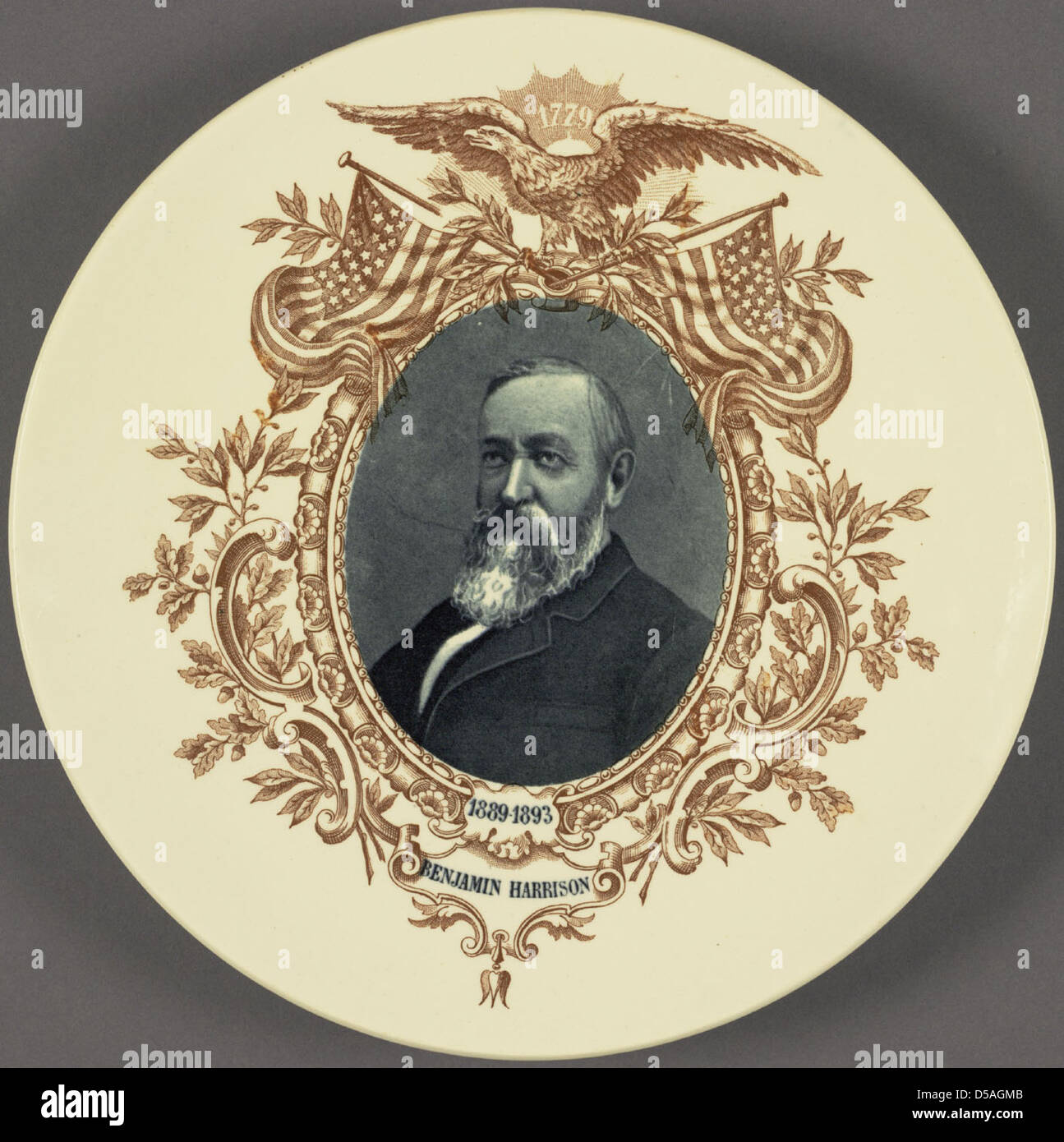 A ceramic plate featuring a portrait of President Benjamin Harrison ...