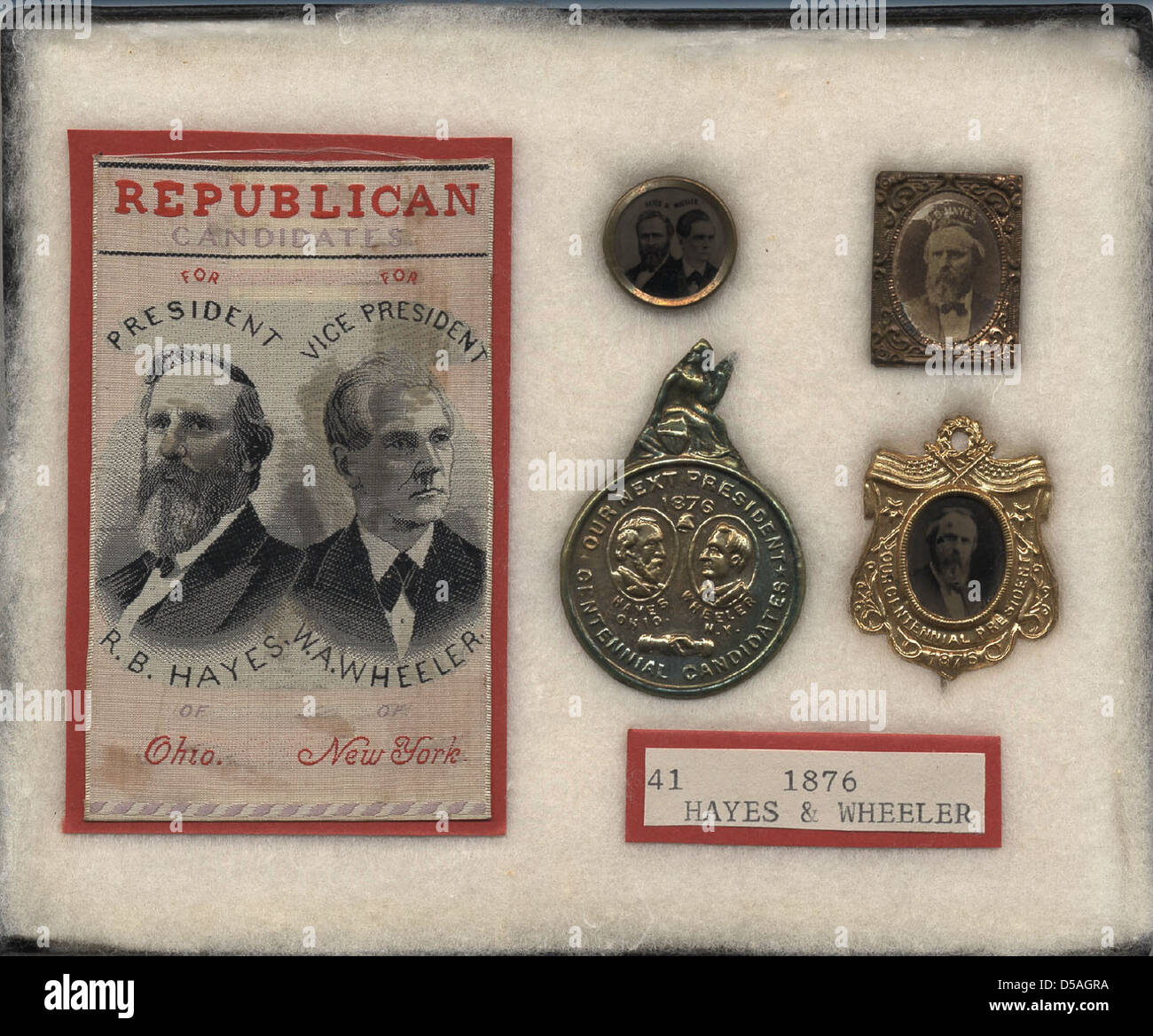 These campaign items, including buttons, pendants, and profile ...