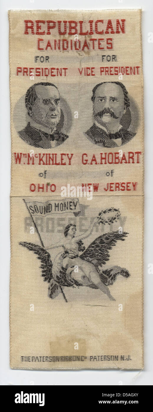 A ribbon from the 1896 U.S. presidential campaign featuring Republican ...