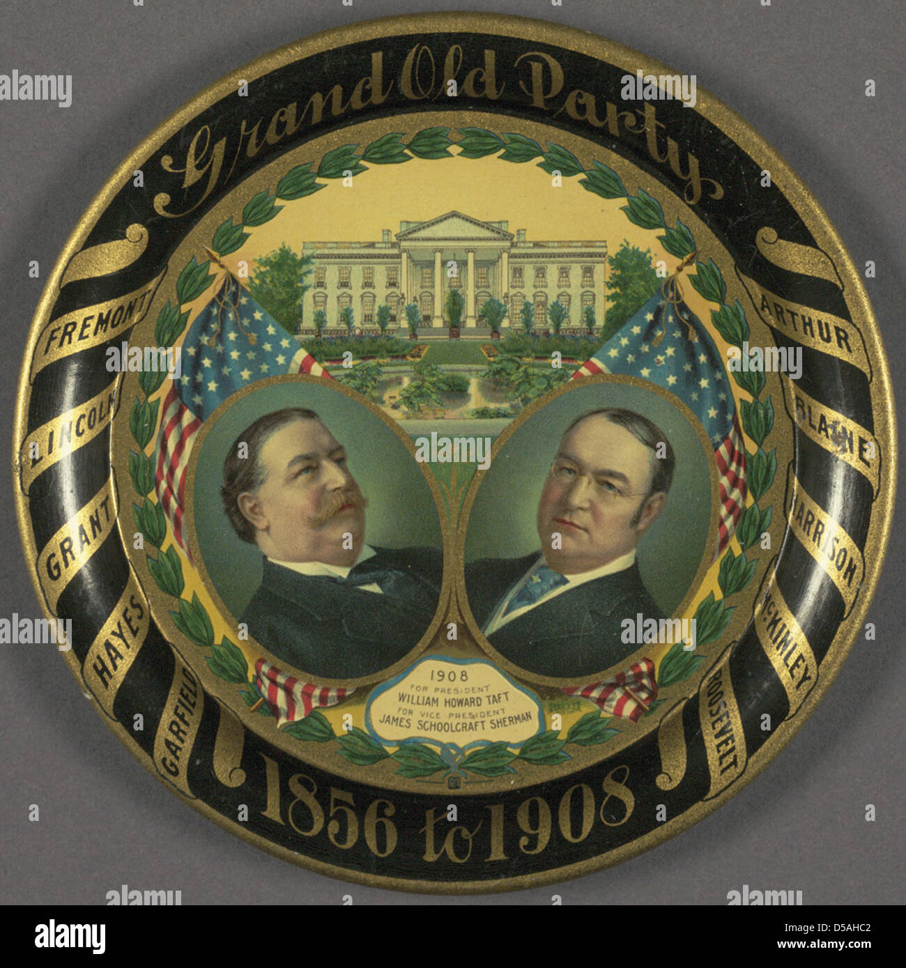 This 1908 tin portrait plate features portraits of key political ...
