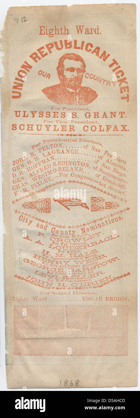 A promotional ticket from the 1868 U.S. presidential election ...