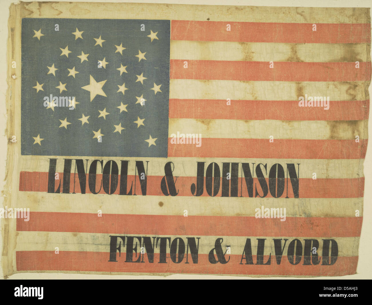 A textile banner from around 1864 featuring Abraham Lincoln and Andrew ...