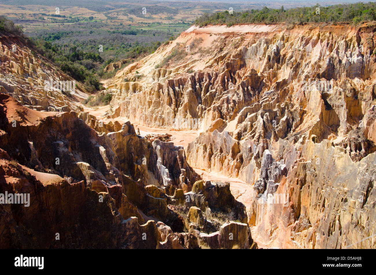 Red and orange cliff canyon formed by erosion in Ankarafantsika ...