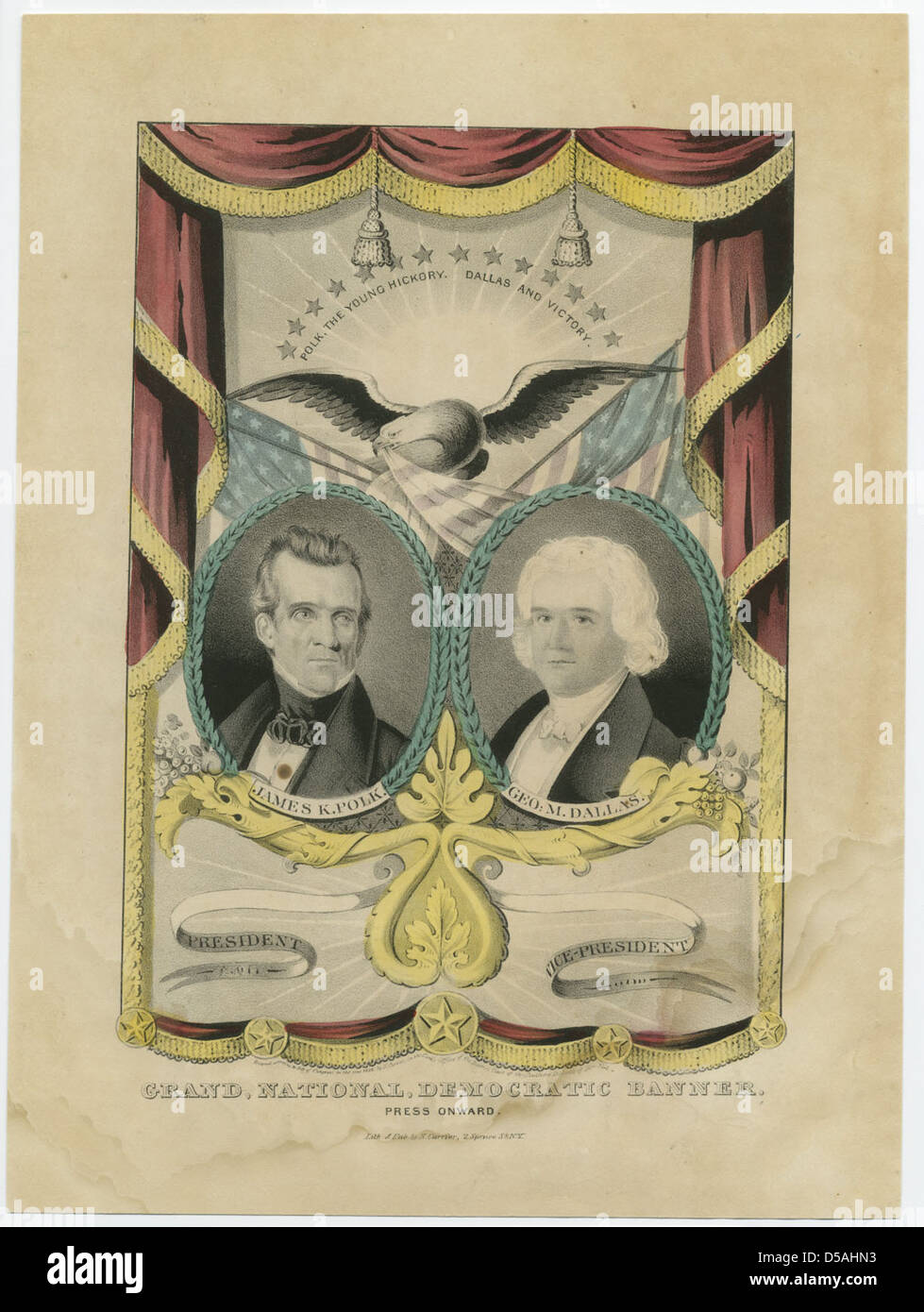 A historical Democratic Party banner featuring American flags and busts ...