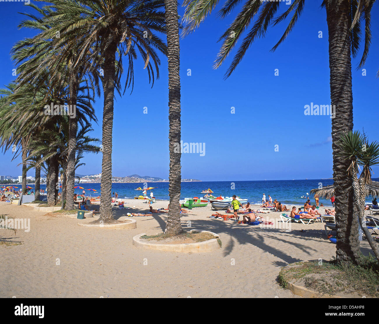 Beach view, Platja d’en Bossa, Ibiza, Balearic Islands, Spain Stock ...