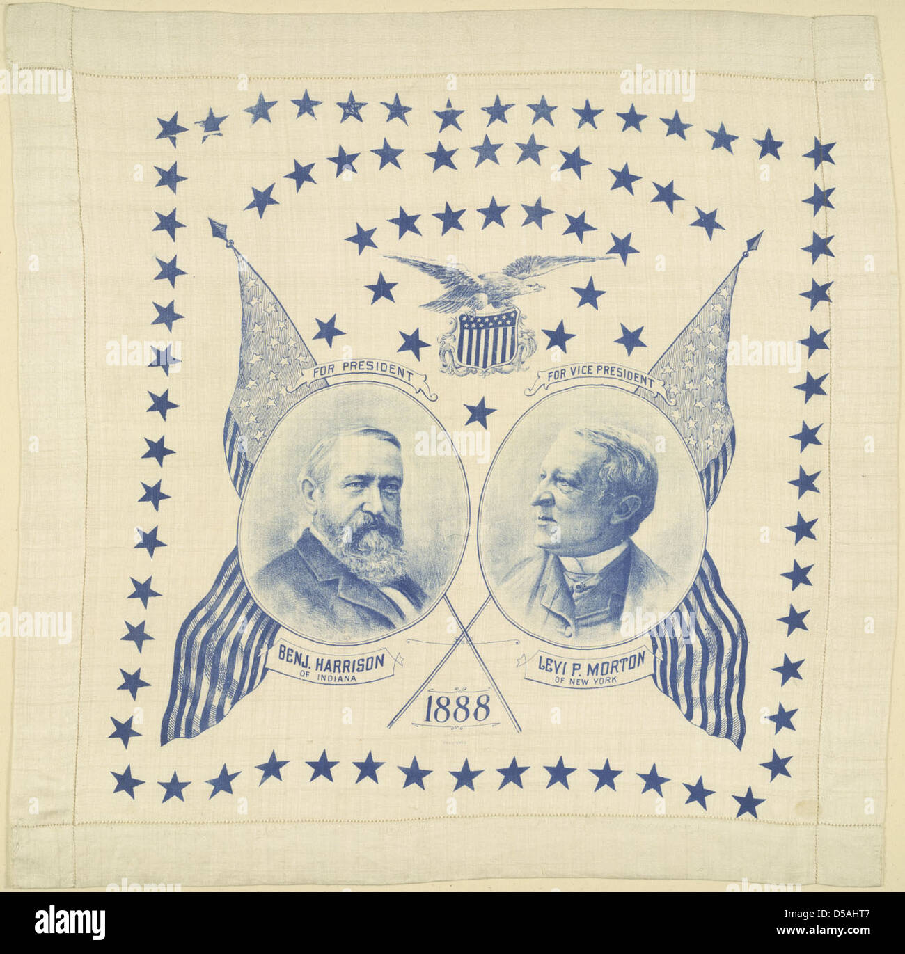 A handkerchief featuring a portrait of Benjamin Harrison and Levi P ...