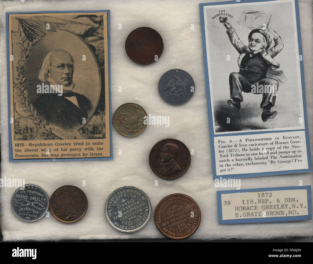 Campaign and memorial items from 1872 commemorate Horace Greeley, a key ...