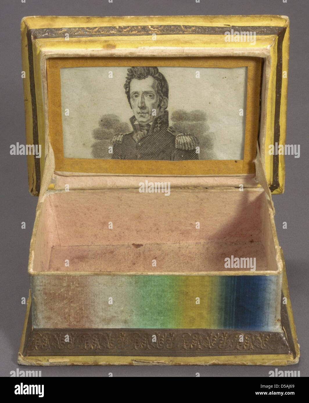 A portrait of Andrew Jackson featured on a sewing box, created as part ...