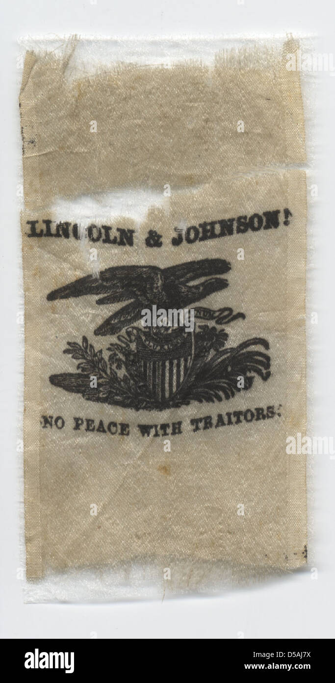A campaign ribbon from the 1864 U.S. Presidential election, featuring ...