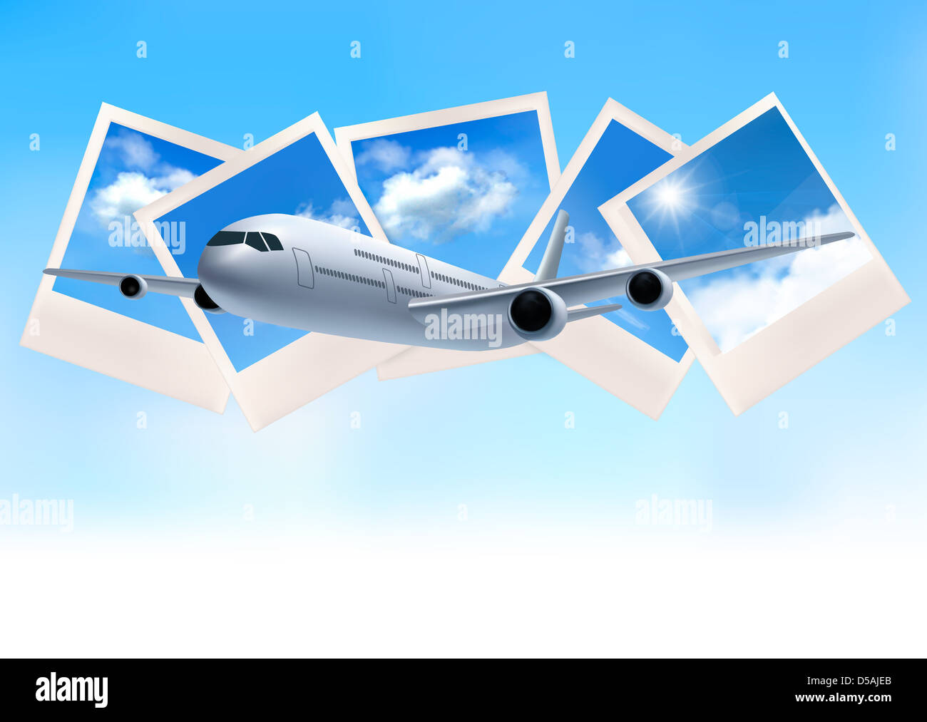 Travel background with airplane in front of photos of blue sky. Vector ...