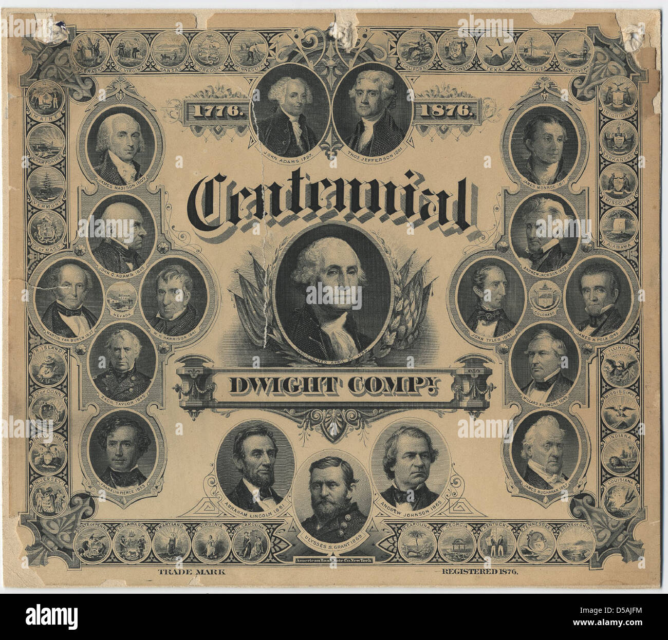 A 1876 promotional certificate celebrating the centennial of the United ...