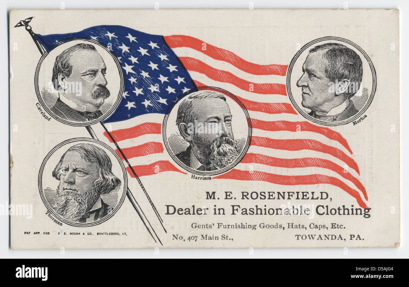 An advertising card featuring portraits of Grover Cleveland, Benjamin ...
