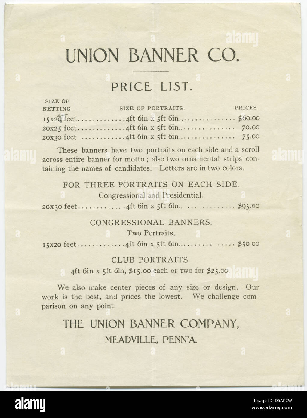 Union Banner Co. Price List Stock Photo - Alamy