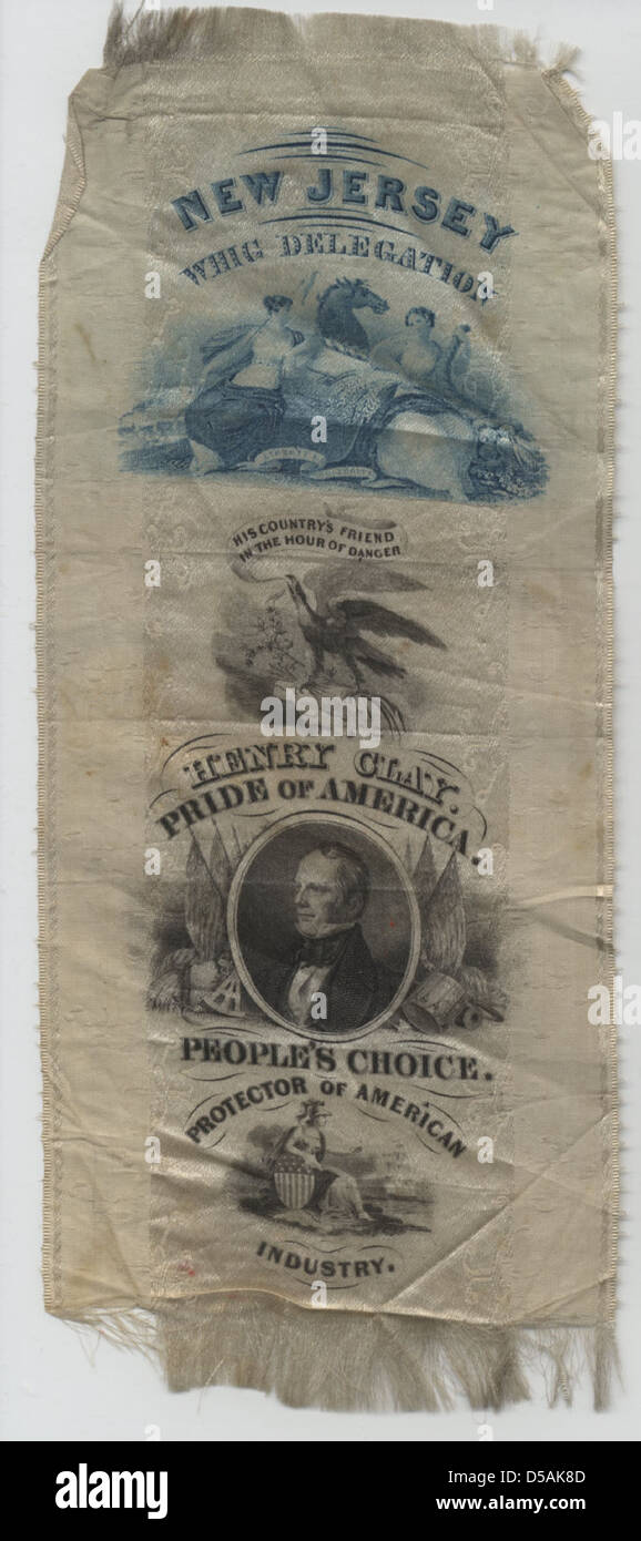 This 1844 political ribbon honors Henry Clay, showcasing symbols of prosperity, protectionism ...