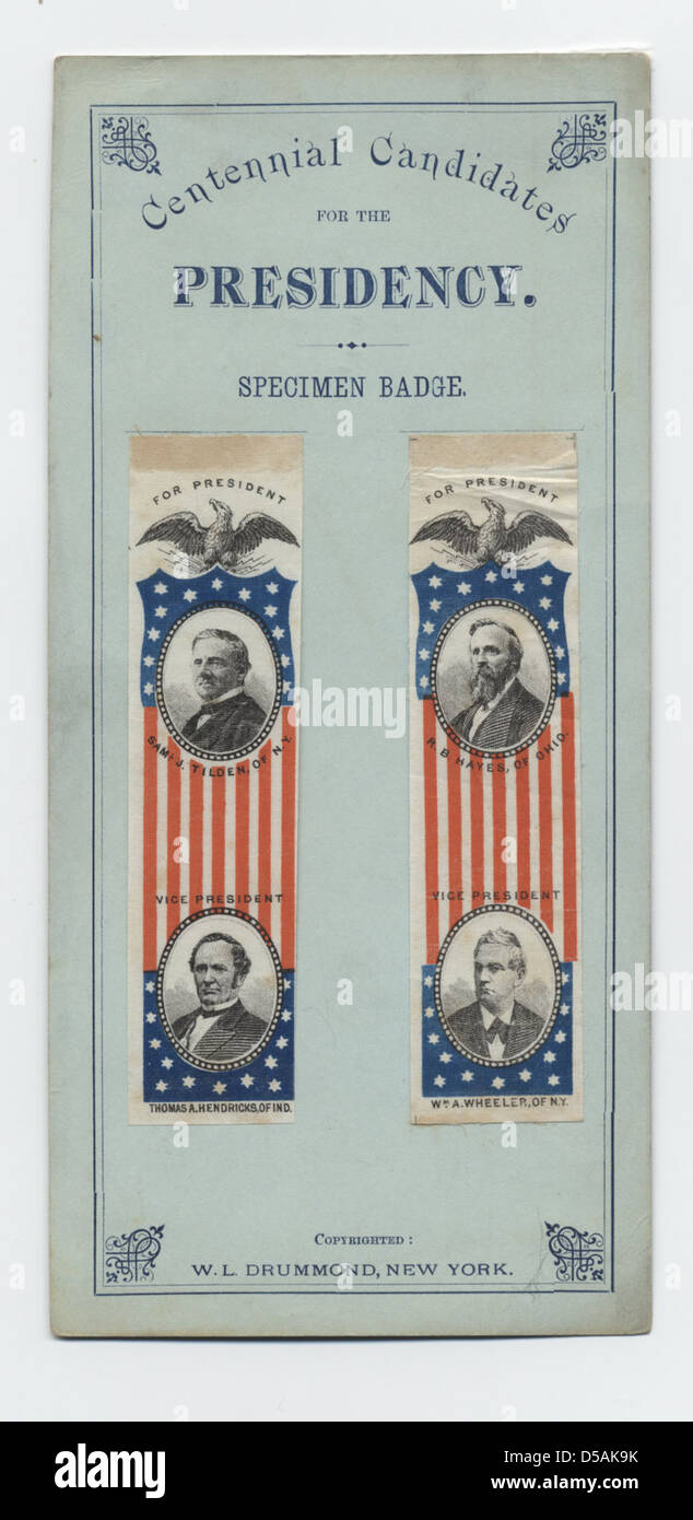 A promotional ribbon featuring busts of Samuel J. Tilden and Thomas A ...