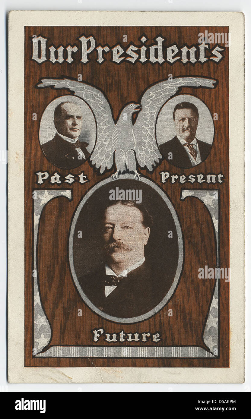 A 1908 postcard featuring busts of Presidents McKinley, Roosevelt, and ...