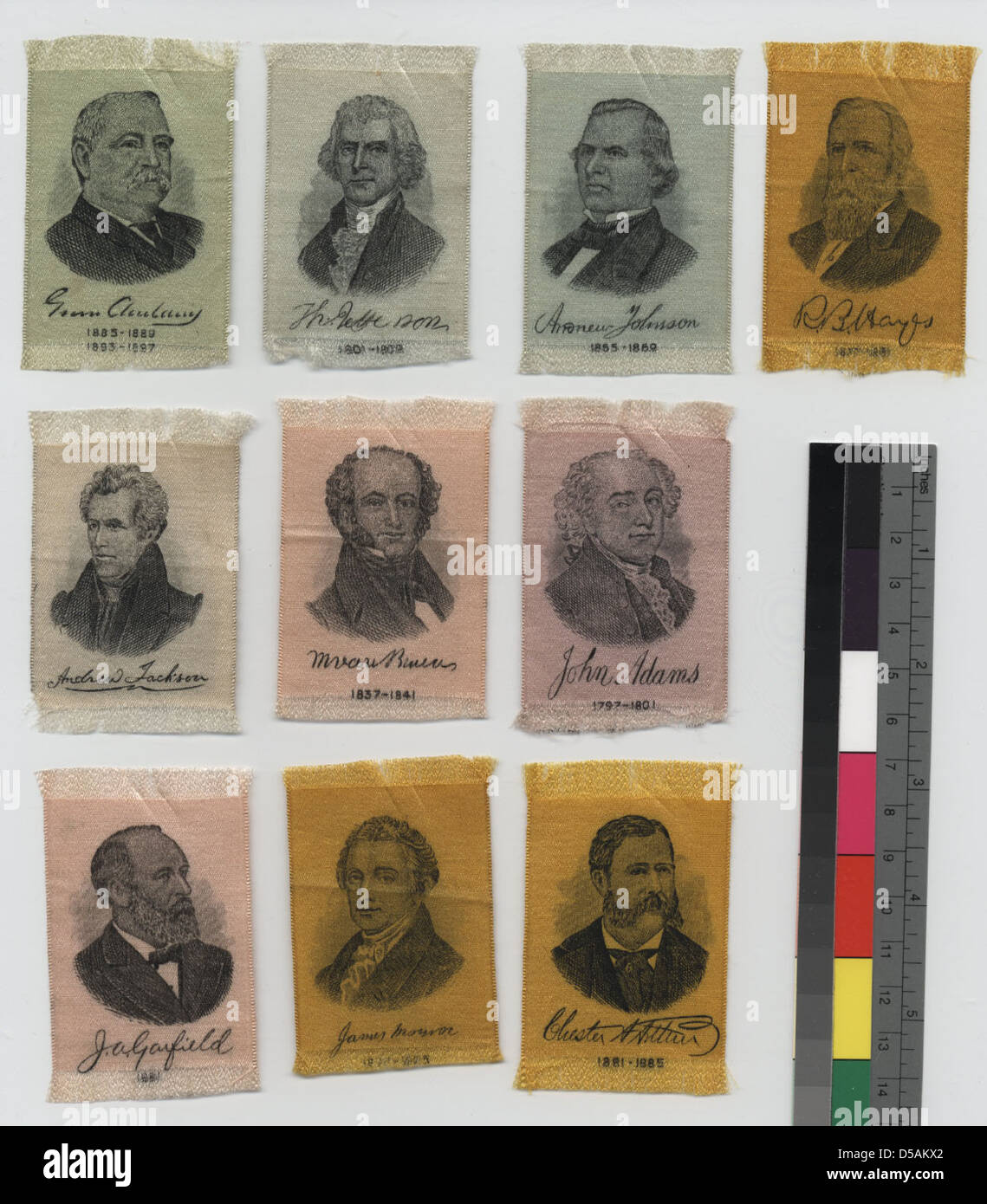 A collection of ten presidential commemorative ribbons, each depicting ...