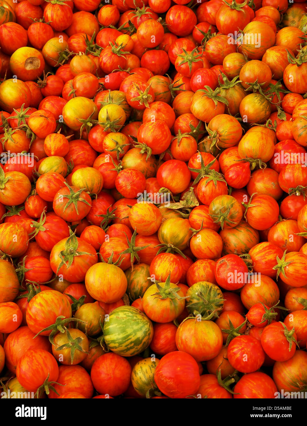 Pile of Red Juicy Small Heirloom Tomatoes with softer background at the ...