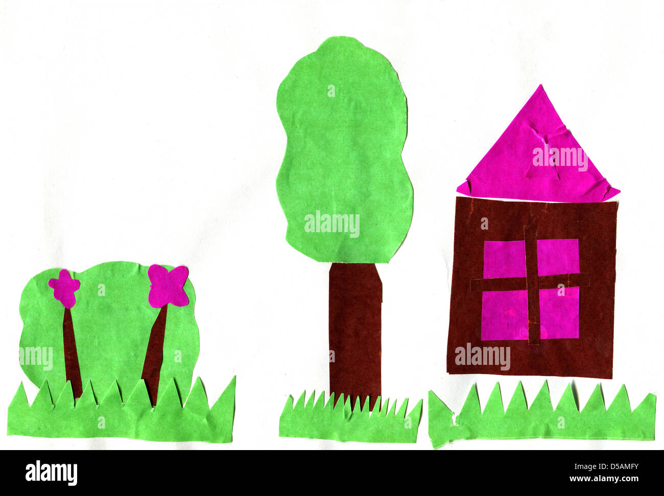 Collage from color paper: house, tree green grass and flowers Stock ...