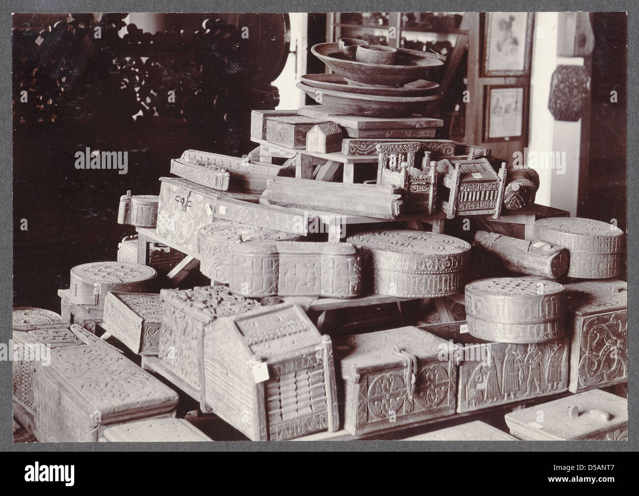 An image depicting old wooden boxes displayed at an archaeological ...