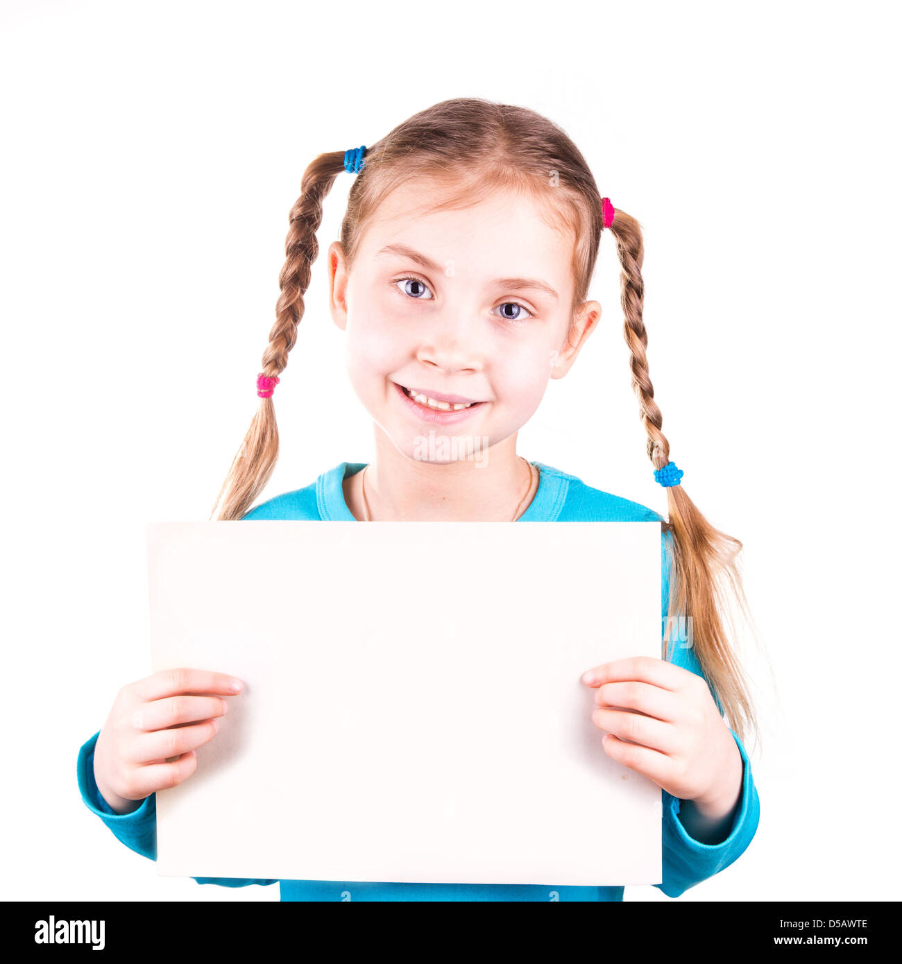 Smiling little girl holding an empty white card for you sample text ...