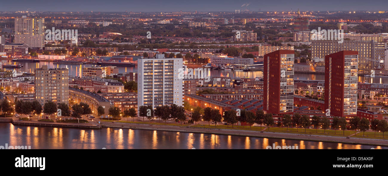 Elevated panoramic evening view of docks and apartments. Rotterdam ...